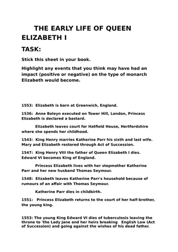 A LEVEL - THE IMPACT OF QUEEN ELIZABETH I'S EARLY LIFE ON THE TYPE OF ...