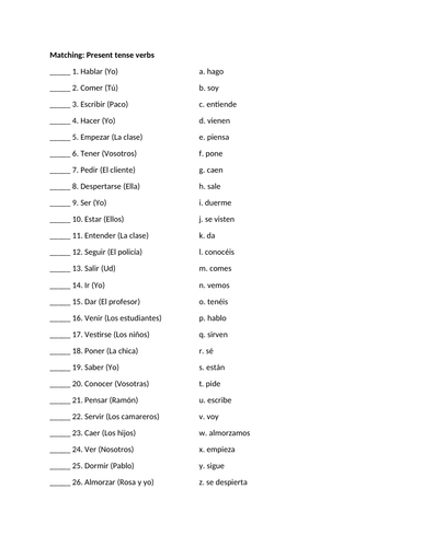 Matching: Present tense verbs | Teaching Resources