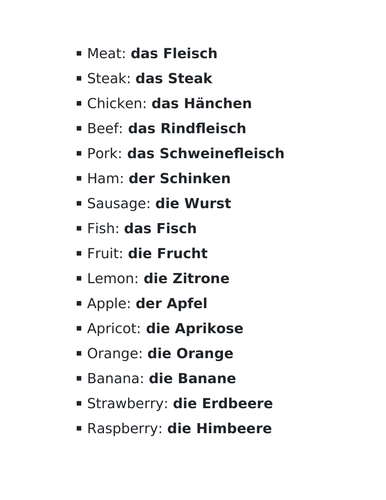 GERMAN LANGUAGE GCSE AQA list of food REVISION SHEET/ LESSON PLAN ...
