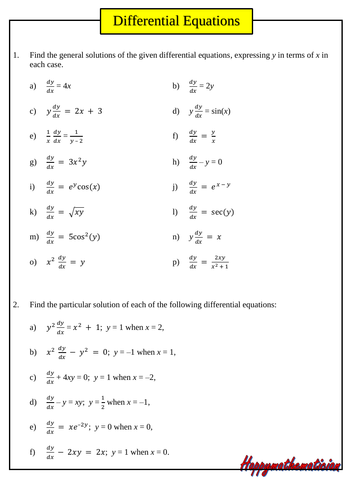 Differential Equations for 'A' Level - over 30 questions with answers ...