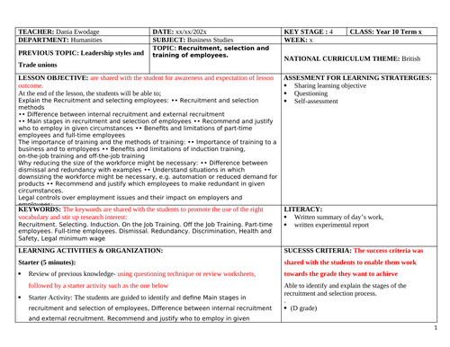 Recruitment, selection and training of employees Lesson Plan 'MS word ...