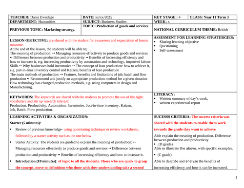 Production of goods & services - Lean production, Lesson Plan 'MS word ...