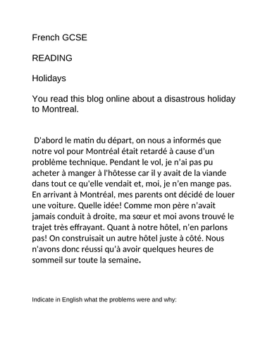 FRENCH GCSE READING EXERCISE assessment practices les vacances ...