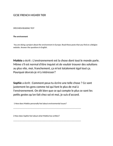 GCSE FRENCH HIGHER TIER READING ASSESSMENT SPECIMEN the environment ...