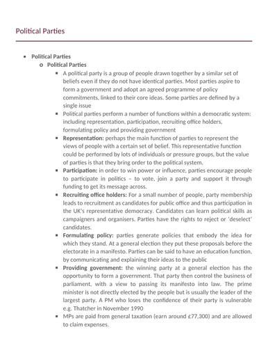 Edexcel A-Level Politics Political Parties Notes | Teaching Resources