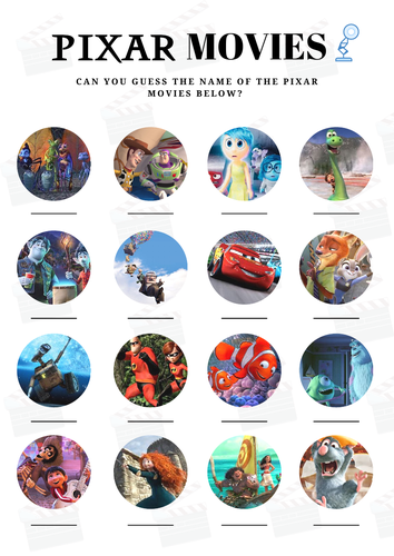 Pixar Disney Movies - Guess the Movie. Kid's Quiz Sheet and Answers ...