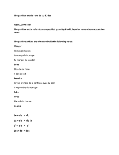 A LEVEL FRENCH a detailed explanation of the use of the Partitive ...