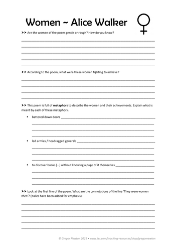 Women ~ Alice Walker ~ Analysis worksheet | Teaching Resources