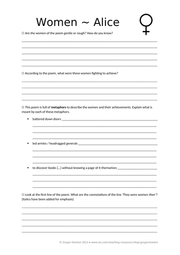 Women ~ Alice Walker ~ Analysis worksheet | Teaching Resources