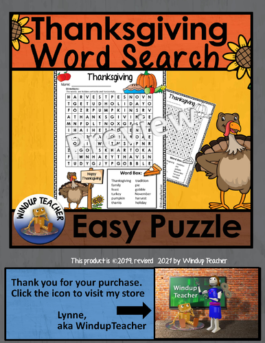 Thanksgiving Word Search | EASY Puzzle | Teaching Resources