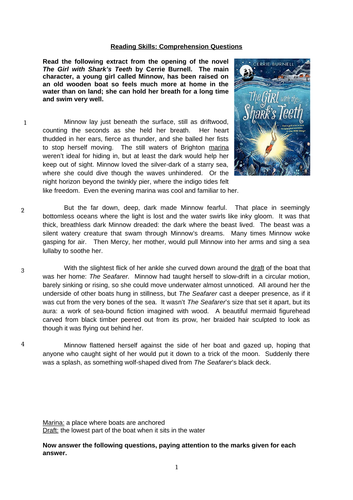 KS3 Reading Comprehension - The Girl with Shark's Teeth | Teaching ...