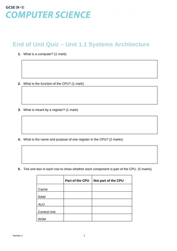 J277 OCR GCSE Computer Science: 1.1 Systems Architecture END OF UNIT ...