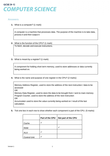 J277 OCR GCSE Computer Science: 1.1 Systems Architecture END OF UNIT ...