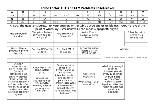 Prime Factor, HCF and LCM Codebreaker | Teaching Resources