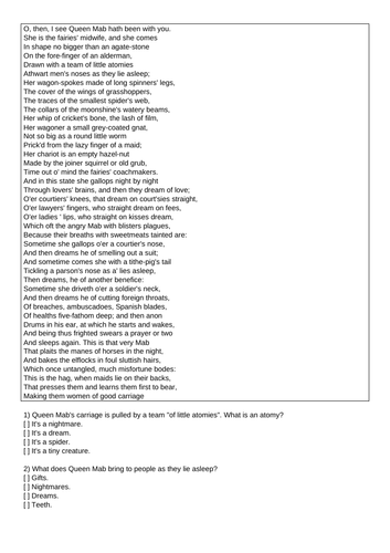 "Romeo and Juliet" Act 1 scene 4 Queen Mab speech HW Pre reading ...