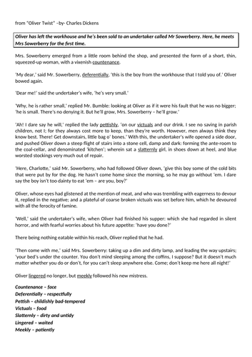 "Oliver Twist" Charles Dickens Sowerberry CRR comprehension HW Cover ...