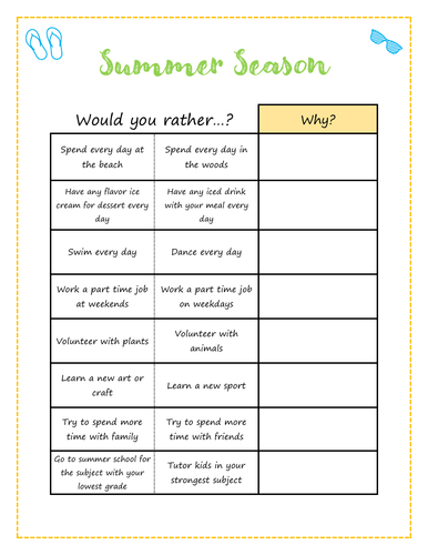 Summer Season | Would You Rather | Discussion and Reasoning | Teaching ...