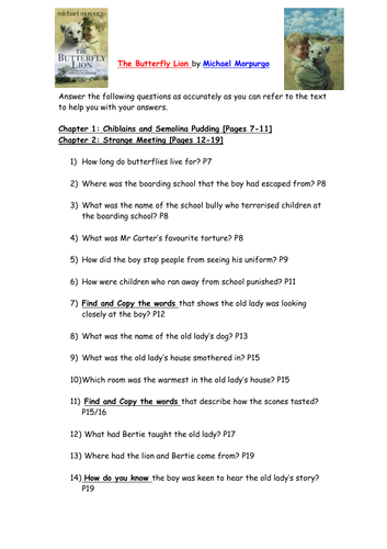 The Butterfly Lion Comprehension [Chapters 1 & 2] | Teaching Resources