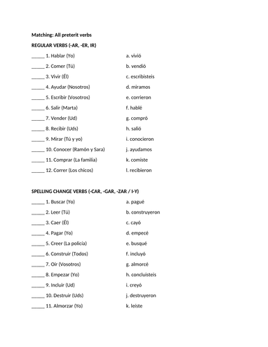All preterit verbs matching practice | Teaching Resources