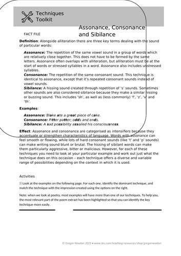 Assonance, Consonance, Sibilance – Techniques Toolkit – Worksheet and ...