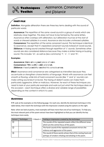 Assonance, Consonance, Sibilance – Techniques Toolkit – Worksheet and ...