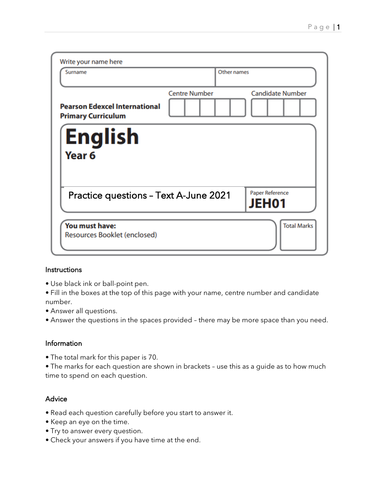 Edexcel iPrimary English Practice Paper 2021 | Teaching Resources