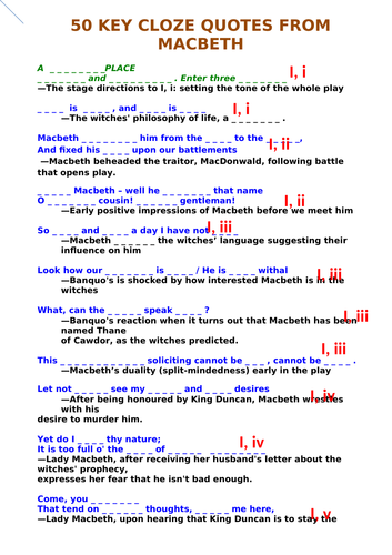 Macbeth key quotes: fill in the gaps (cloze) | Teaching Resources