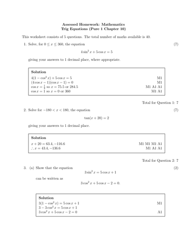 Edexcel Pure 1 Chapter 10 Homework - Trig Equations | Teaching Resources Edexcel Pure 1 Chapter 10 Homework - Trig Equations | Teaching Resources