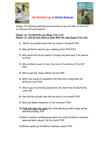 The Butterfly Lion Comprehension [Chapters 12 & 13] | Teaching Resources