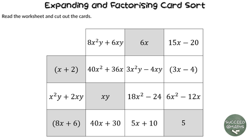 Expanding and Factorising Card Sort | Teaching Resources
