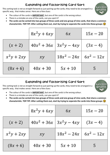 Expanding and Factorising Card Sort | Teaching Resources