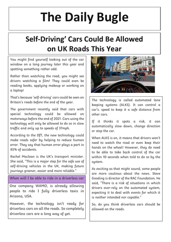 Functional Skills English L1–L2 | Driverless Cars Reading & Writing ...