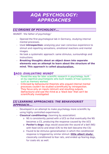 AQA Psychology A-Level: approaches revision | Teaching Resources