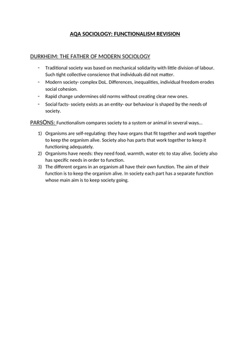 AQA Sociology A-Level: functionalism full notes | Teaching Resources