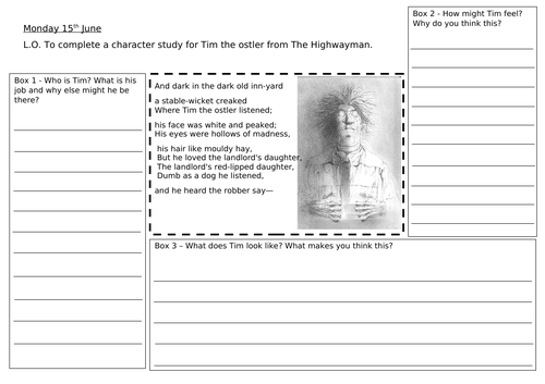 Highway Man - UKS2 - Character study of Tim the ostler | Teaching Resources