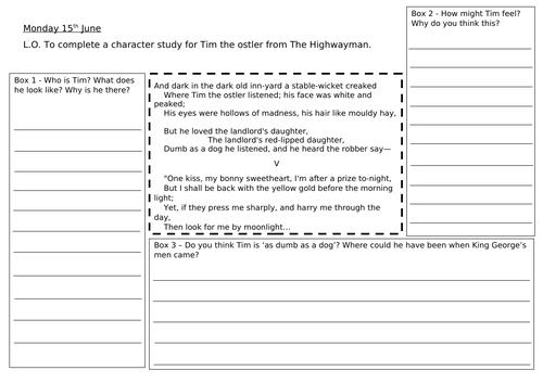 Highway Man - UKS2 - Character study of Tim the ostler | Teaching Resources