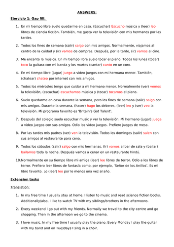 KS3 Spanish: Tiempo Libre (Present Tense) Gap Fill | Teaching Resources