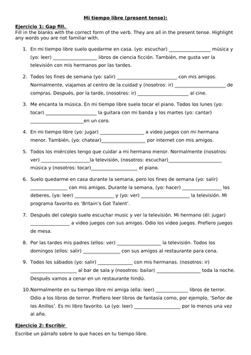KS3 Spanish: Tiempo Libre (Present Tense) Gap Fill | Teaching Resources