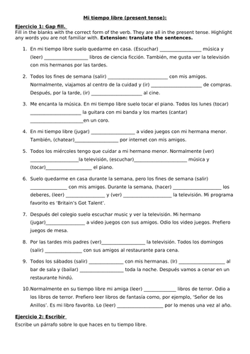 KS3 Spanish: Tiempo Libre (Present Tense) Gap Fill | Teaching Resources
