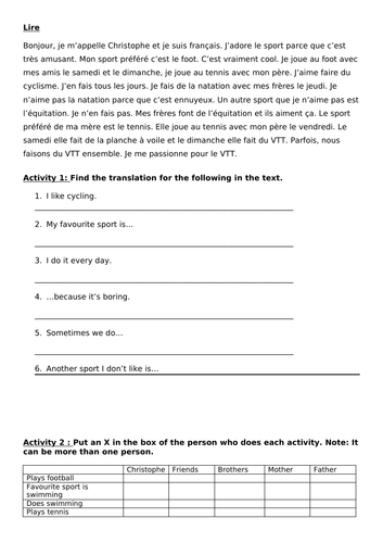 KS3 French Reading Comp: Je Joue /Je fais (Sports) | Teaching Resources