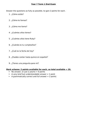 Spanish Yr 7 Speaking Test Questions: Term 1 | Teaching Resources