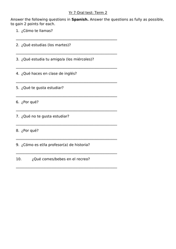 Spanish Yr 7 Speaking Test Questions: Term 2 | Teaching Resources