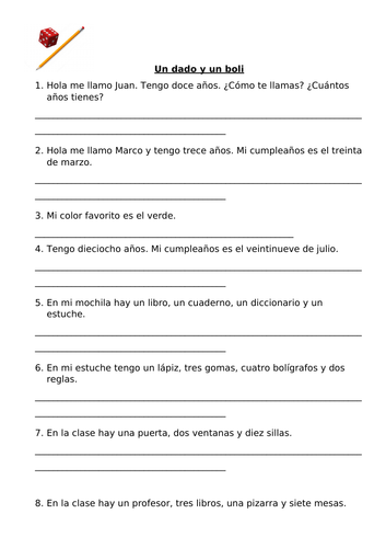 Yr 7 Spanish game: One dice one pen. Term 1 revision | Teaching Resources