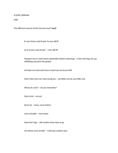 AQA GERMAN A LEVEL REVISION the varying nuances of 'noch' | Teaching ...
