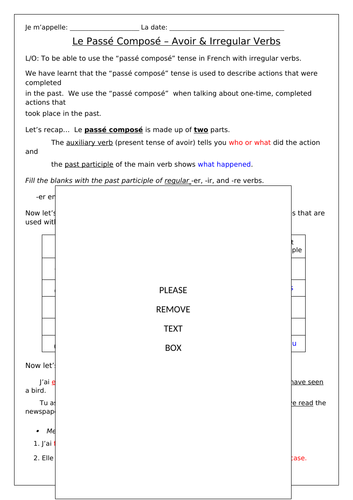FRENCH - LE PASSÉ COMPOSÉ AVEC AVOIR | Teaching Resources