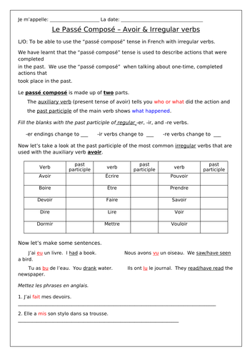 FRENCH - LE PASSÉ COMPOSÉ AVEC AVOIR | Teaching Resources