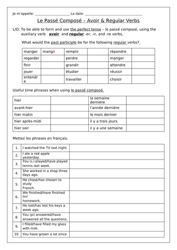 FRENCH - LE PASSÉ COMPOSÉ AVEC AVOIR | Teaching Resources