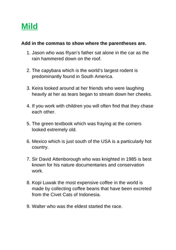 Parentheses - Differentiated Task - Commas | Teaching Resources