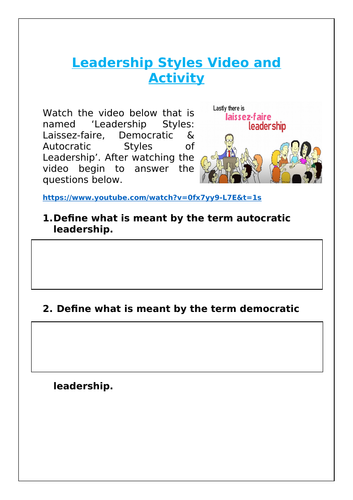 Printable Activity - Laissez-faire, Democratic & Autocratic Leadership ...