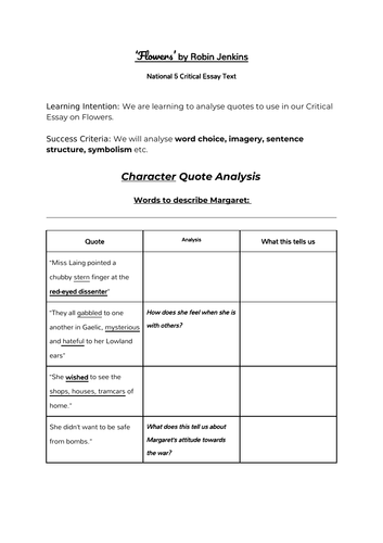 Flowers - National 5 Critical Essay Unit | Teaching Resources